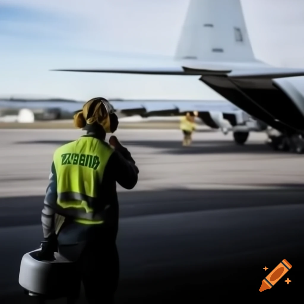 Ground crew member guiding aircraft on tarmac with hand signals on Craiyon
