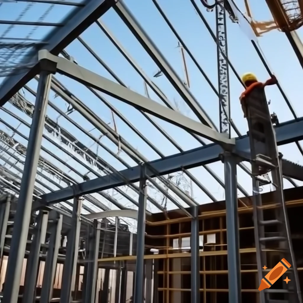 Close-up view of structural steel system at construction site with supervising engineer on Craiyon