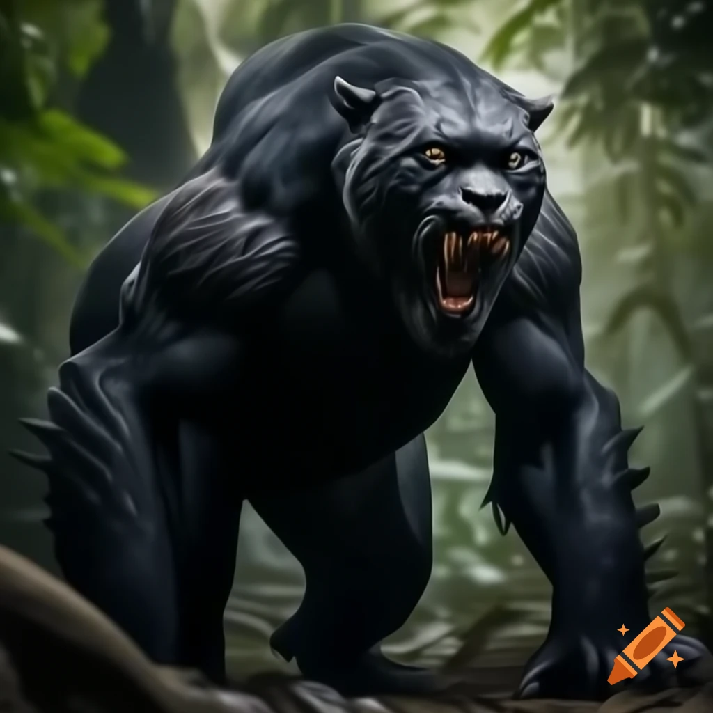 Powerful hybrid creature combining black panther and gorilla features ...