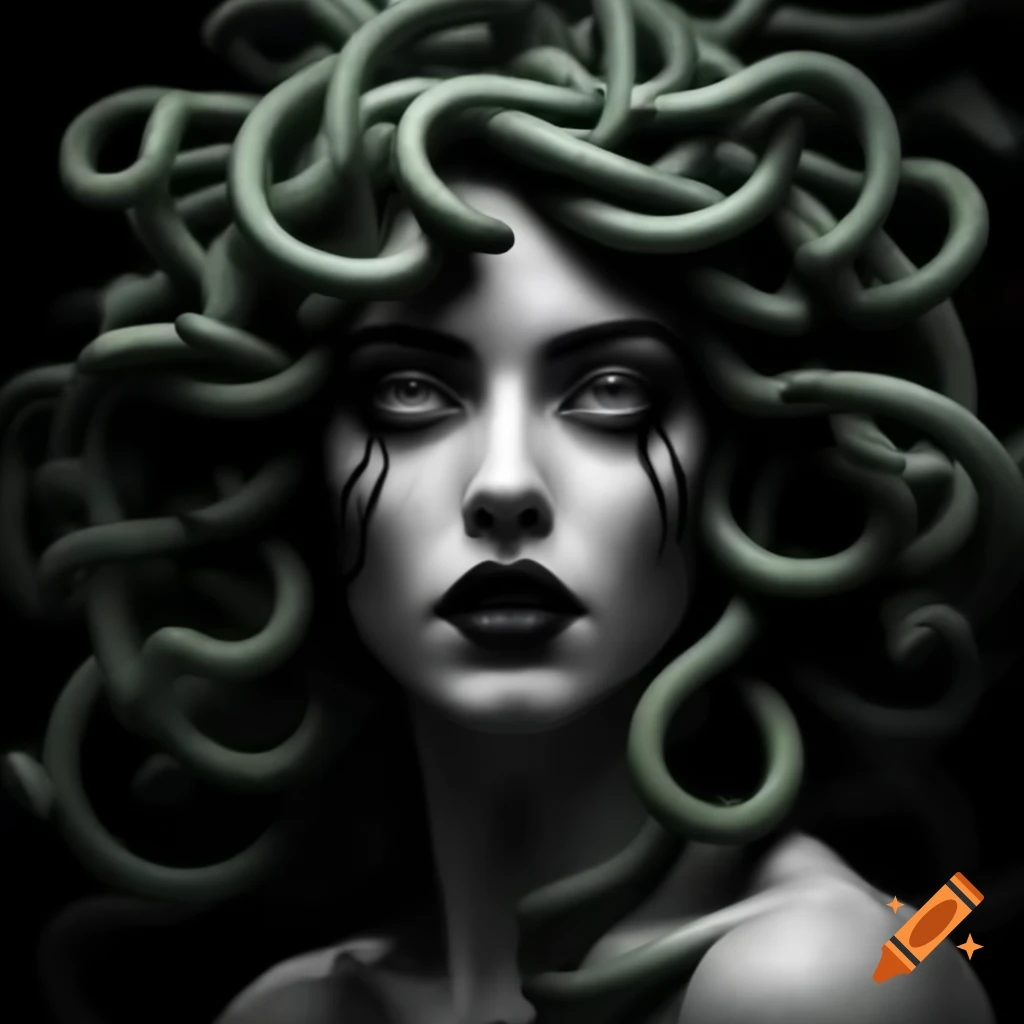 Black-and-white portrait of medusa from greek mythology on Craiyon