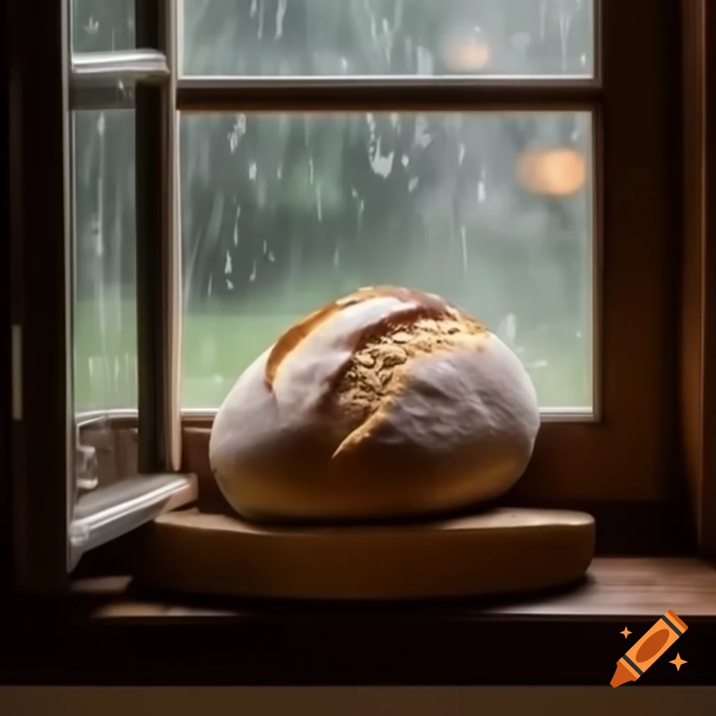 Golden-brown round loaf of bread on rustic window sill with rain ...