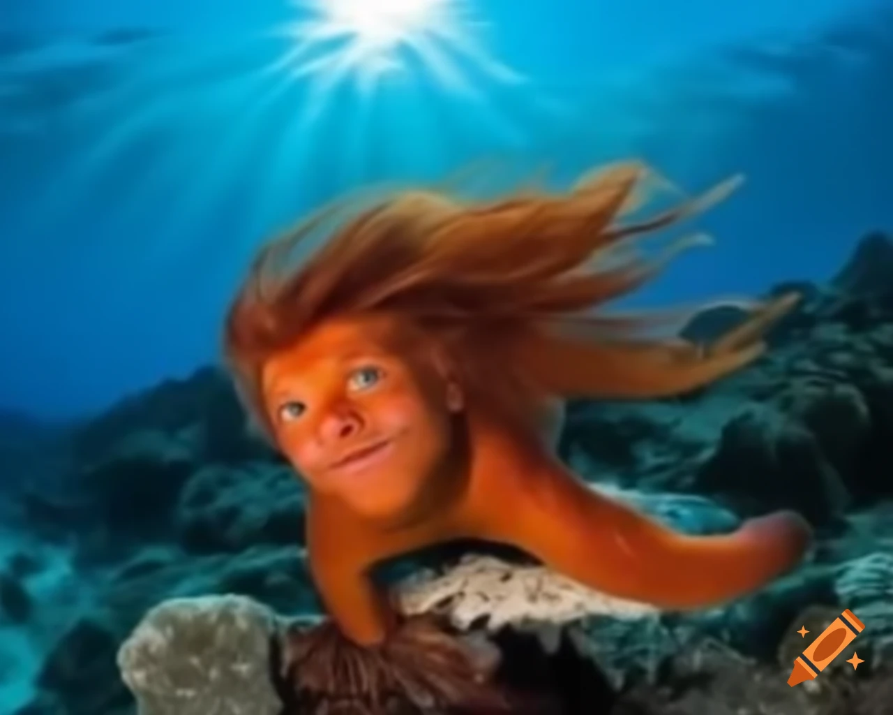 Merman prince with auburn hair sunbathing on rock in ocean, shimmering ...