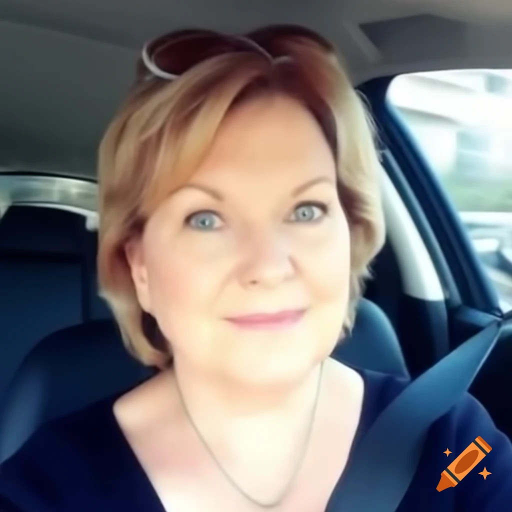 Middle aged woman taking selfie in a car on Craiyon