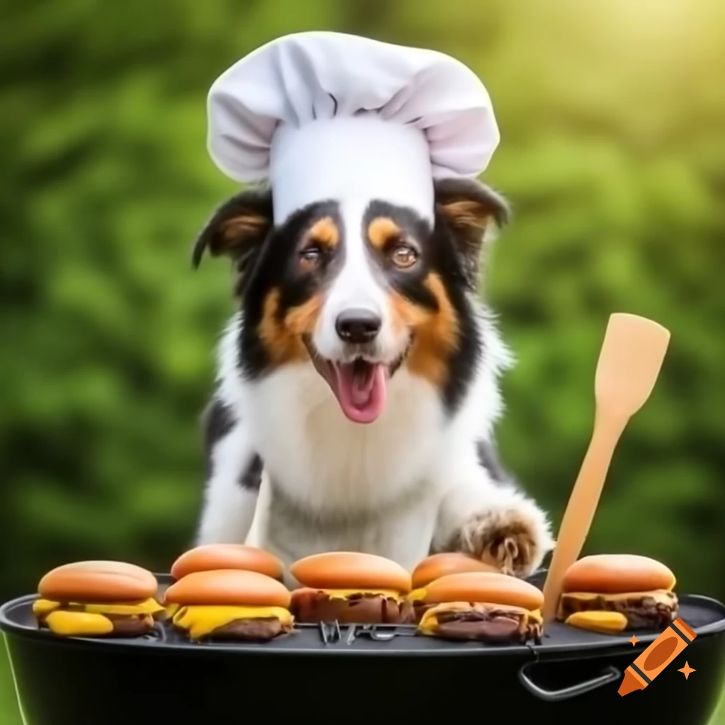 Border collie wearing chef's hat flipping burgers at barbecue on Craiyon