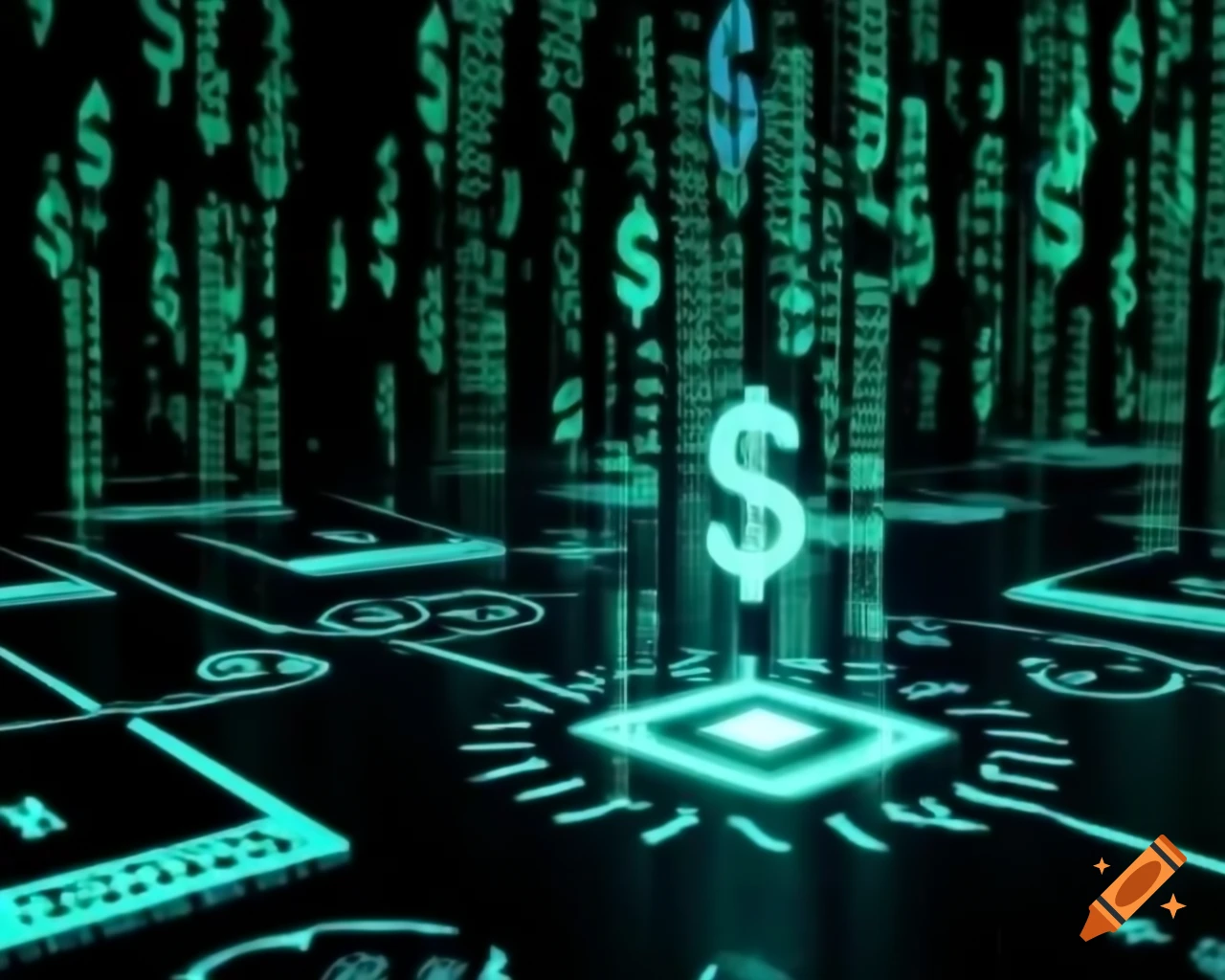 Digital stream of binary code flowing into machine transforming into dollar symbols on Craiyon