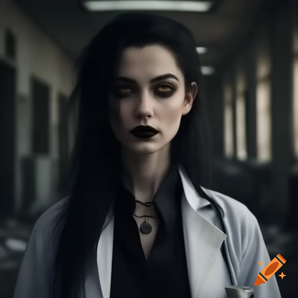 Gothic woman with long black hair in abandoned hospital, wearing lab ...