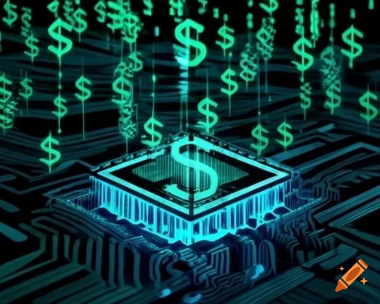 Digital binary code flowing into processor and transforming into dollar ...