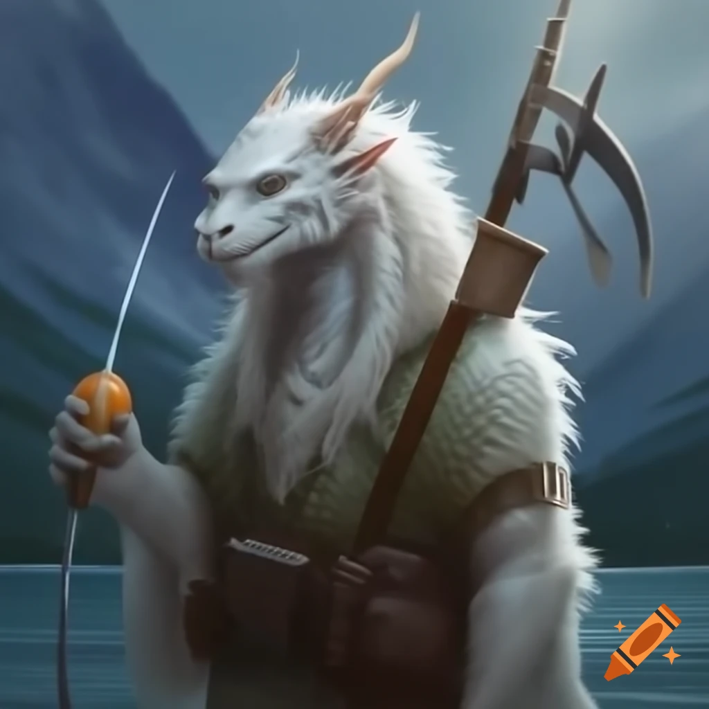 Druid white dragonborn fishing with spear in arctic lake on Craiyon