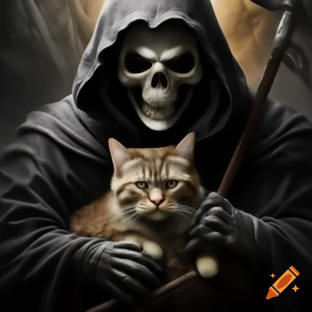 The reaper cuddling a cat, blending elements of fantasy and whimsy on ...
