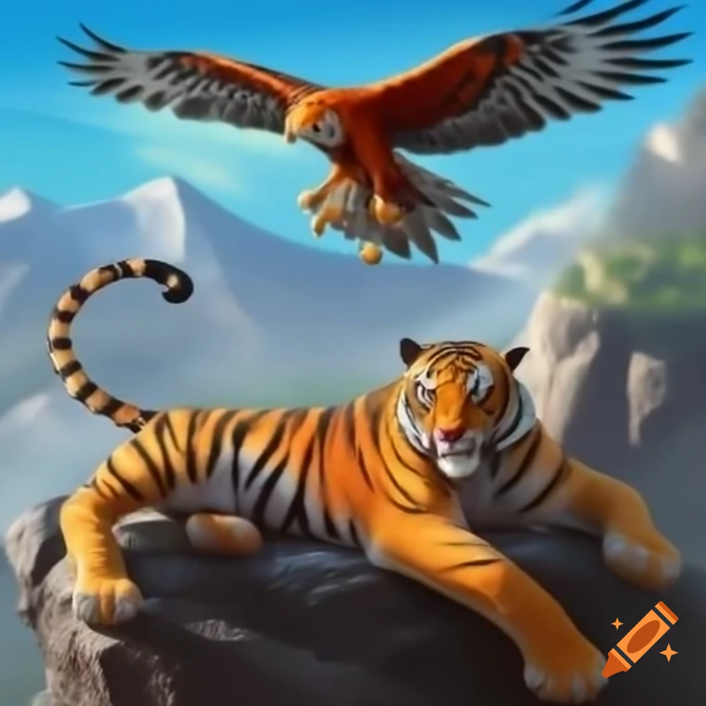 Tiger on mountain with bird on its back and phoenix flying overhead on ...