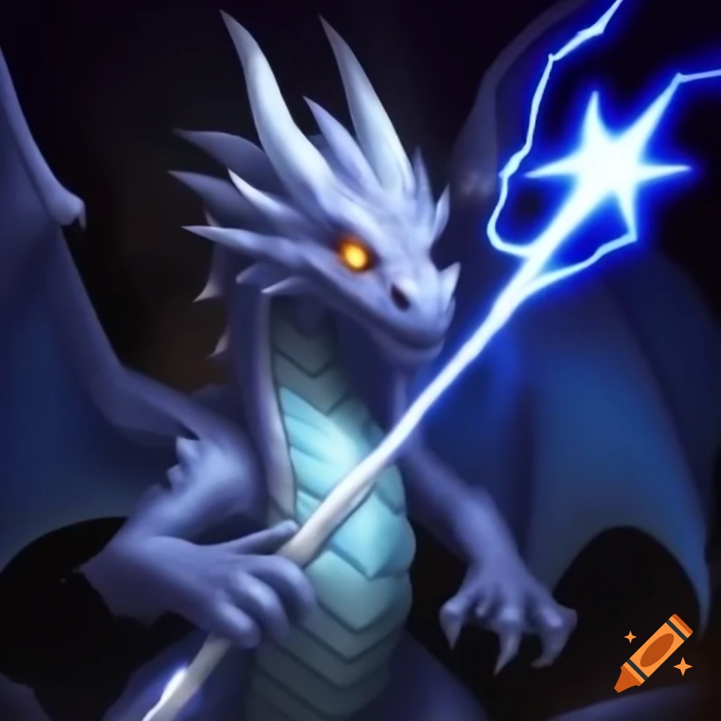Gray dragon with glowing eyes holding silver star-tipped staff ...