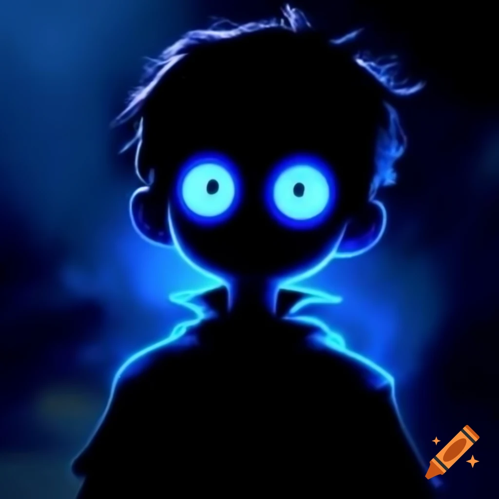 Boy in shadow with glowing blue eyes and blue aura on Craiyon