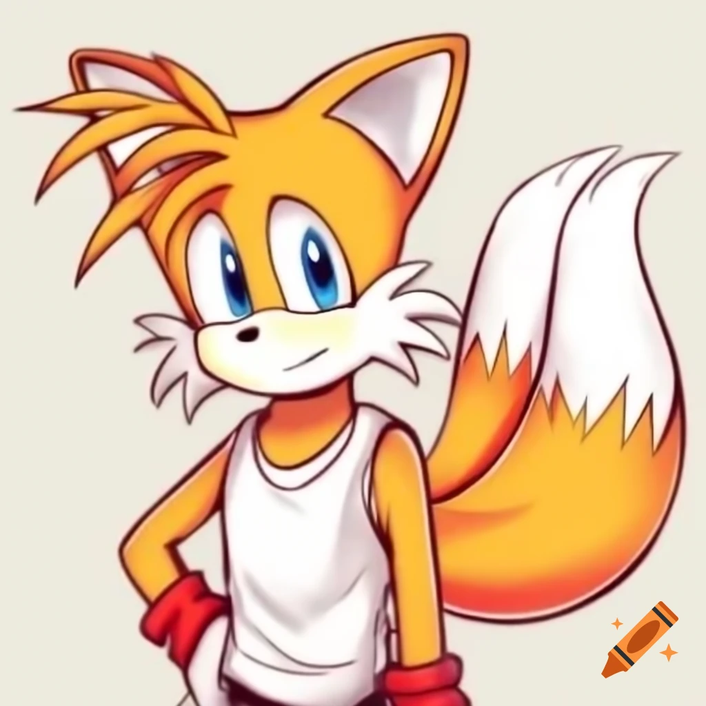 Cartoon character resembling tails the fox wearing sleeveless white t ...