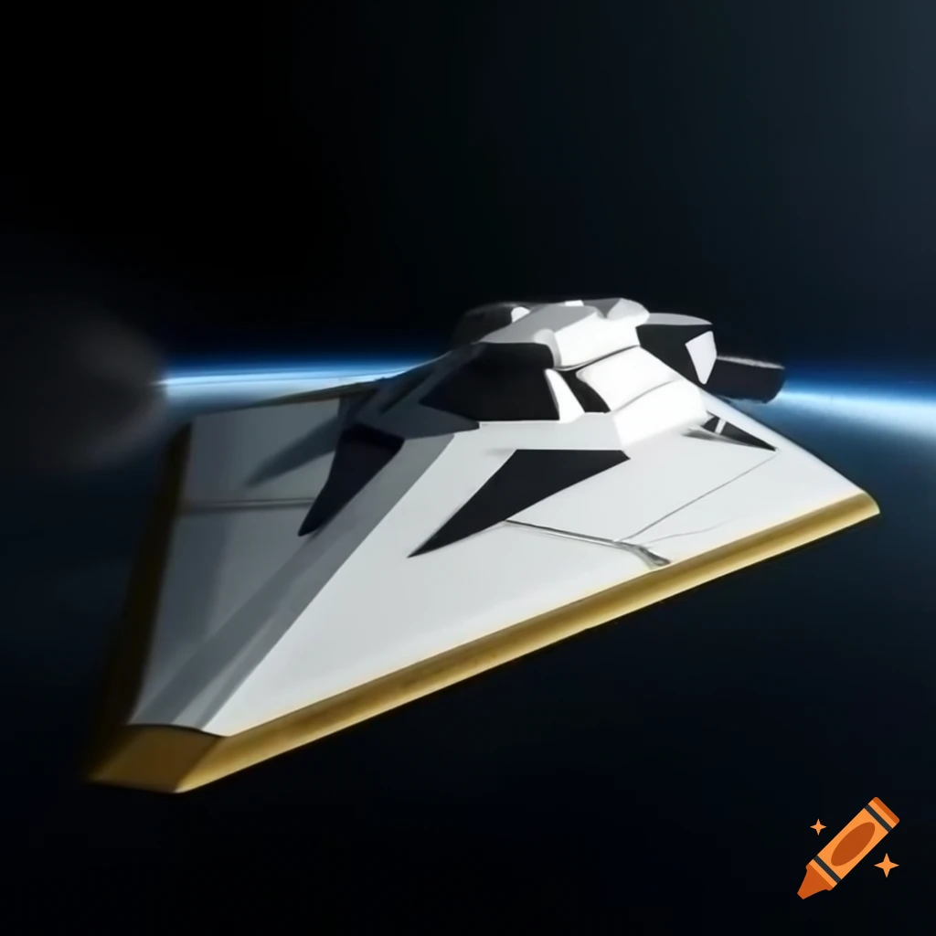 Sleek white and gold triangular spaceship in outer space on Craiyon