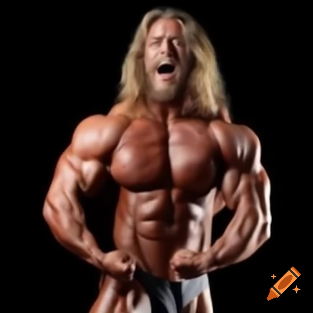 Muscular bodybuilder with long blond hair dancing gracefully on Craiyon