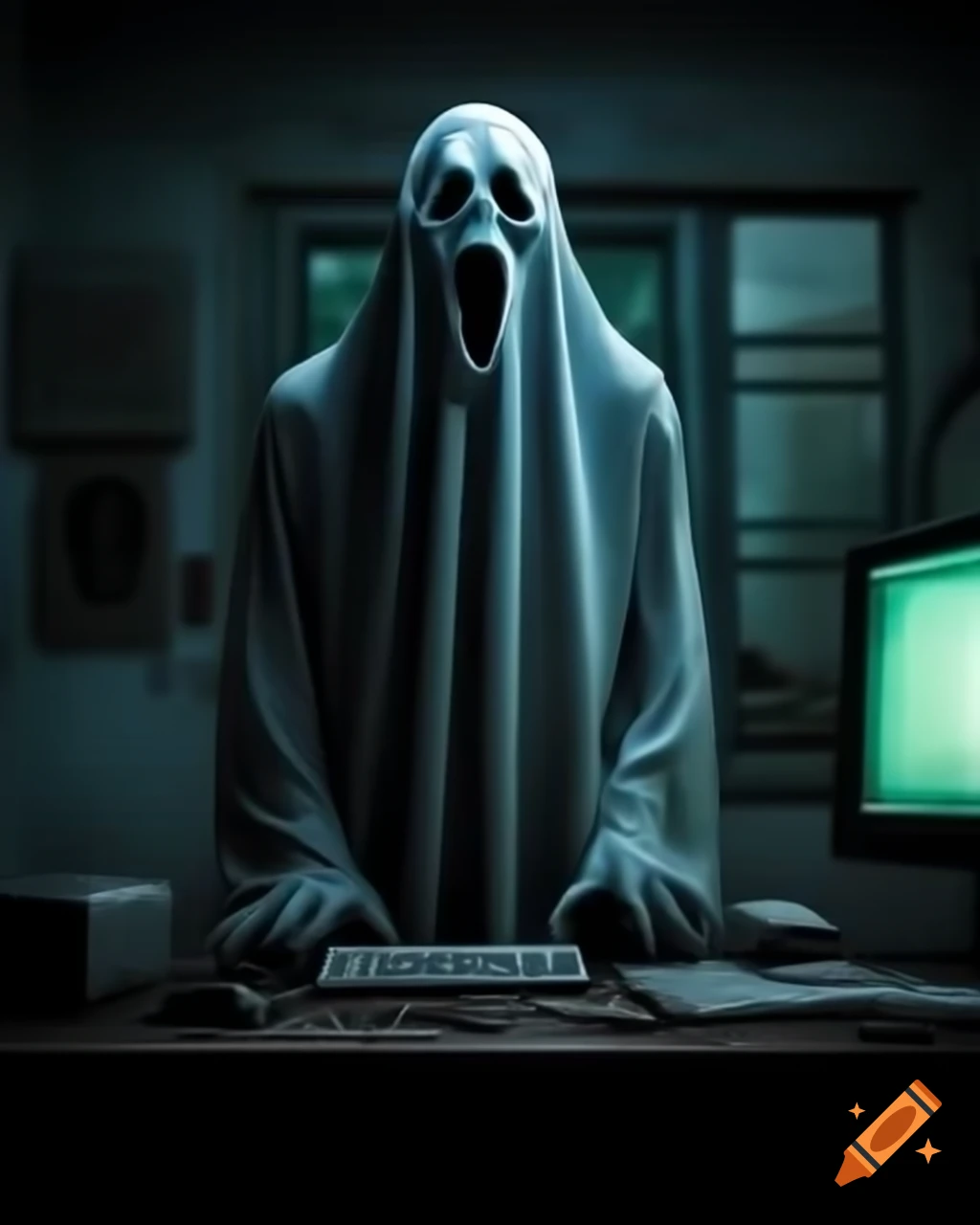 Horror film scene with a ghost in front of a computer, portraying ...