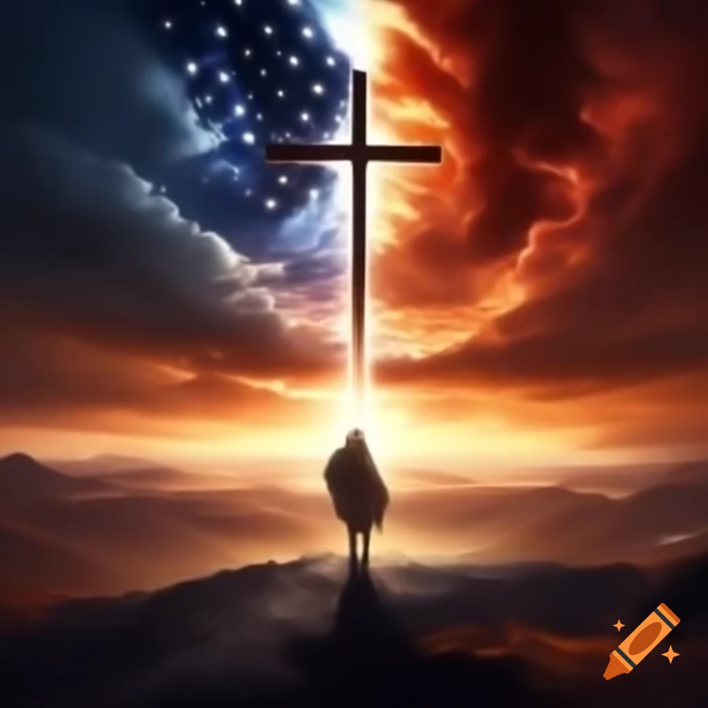 Lone figure holding american flag at sunrise with dramatic landscape ...