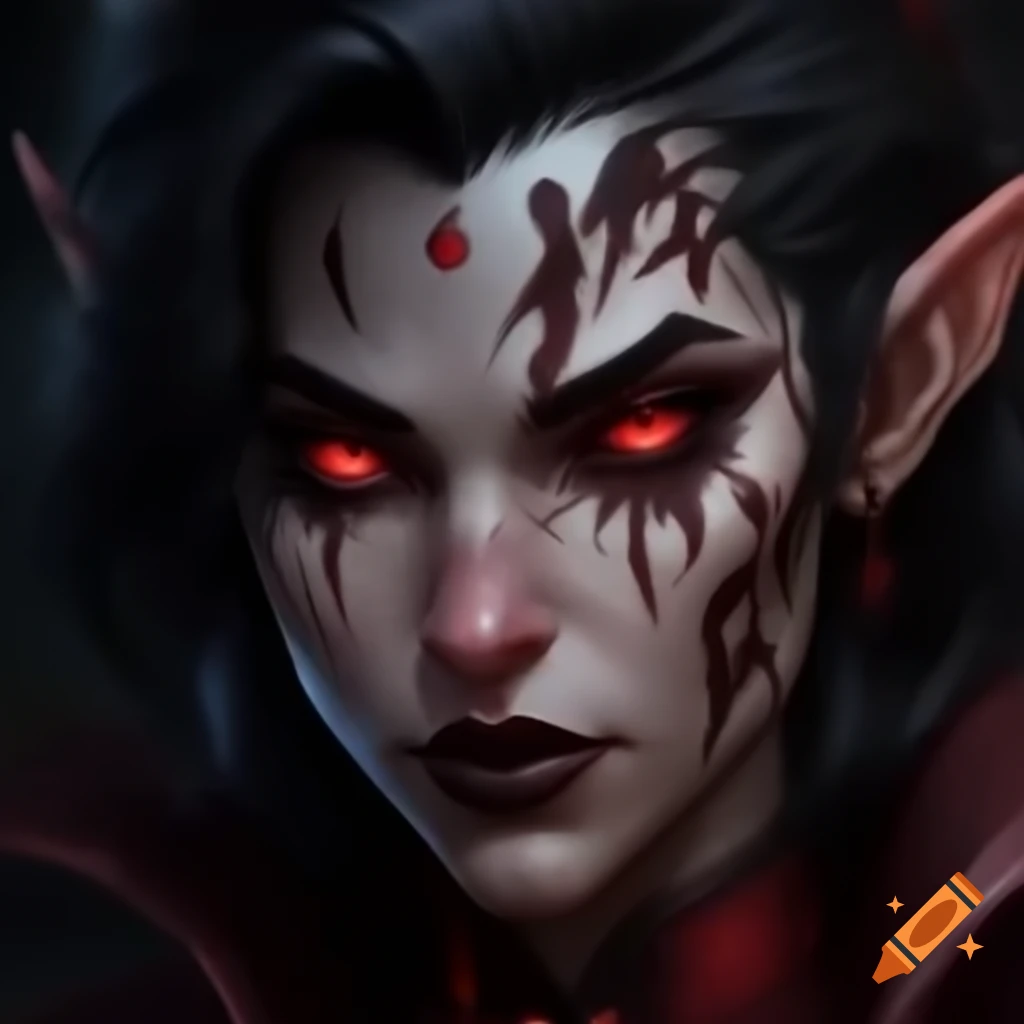 Vampire sorcerer with black hair, brown skin, and red eyes made of ...