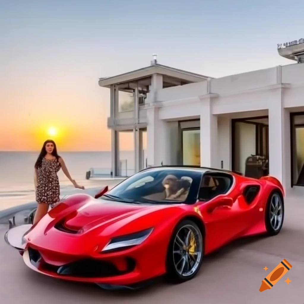 Red ferrari parked in front of luxurious villa by ocean at sunrise on ...