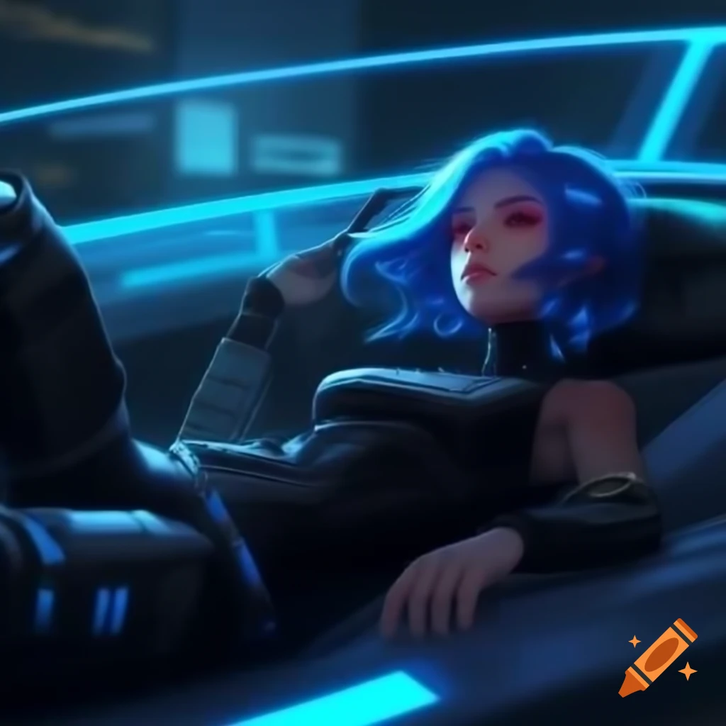 Blue-haired cyberpunk girl resting on futuristic cyber car on Craiyon