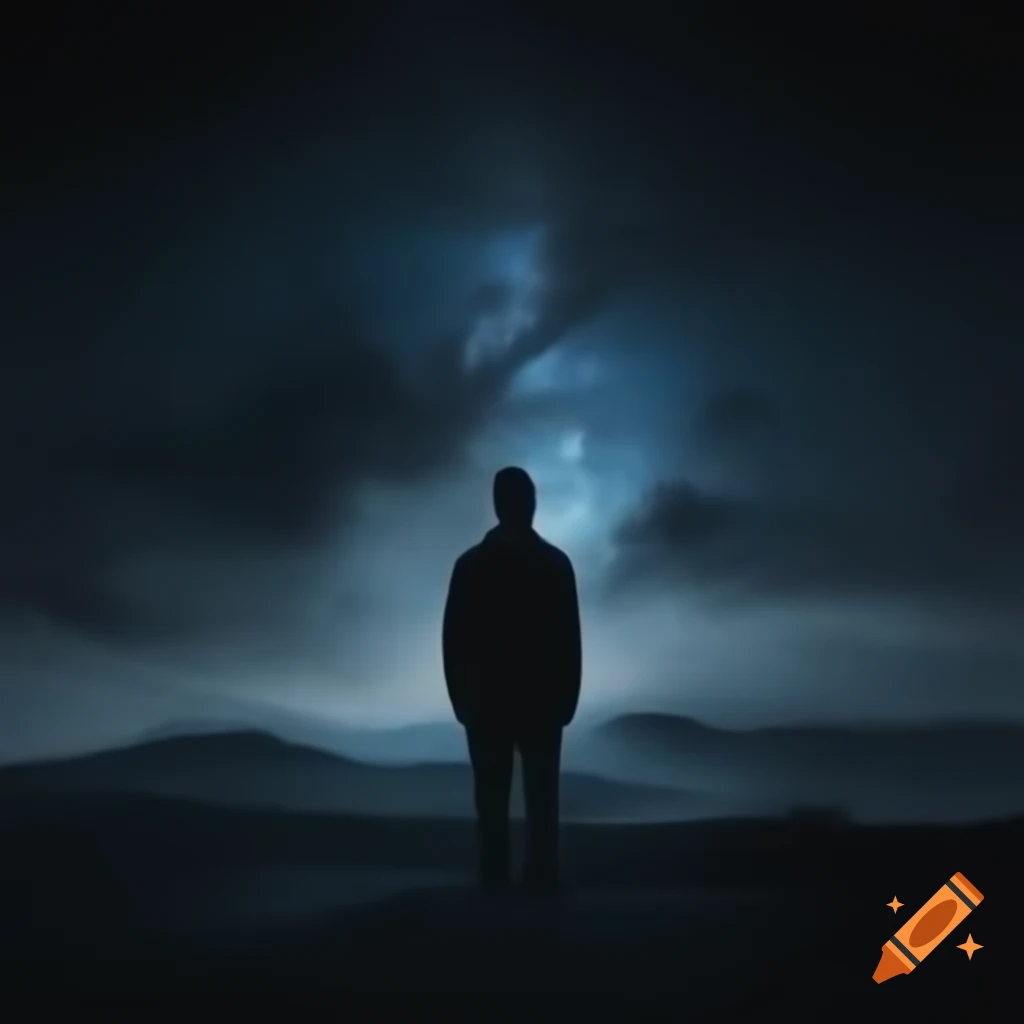 Lonely man in a dark, unclear world with a sad ambiance, zoomed out on ...