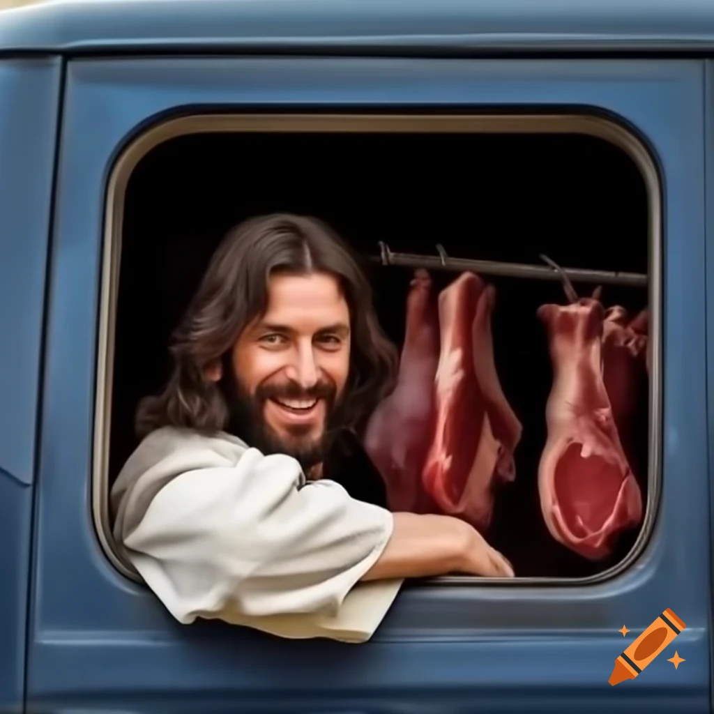 Realistic image of Jesus smiling at a meat truck window on Craiyon