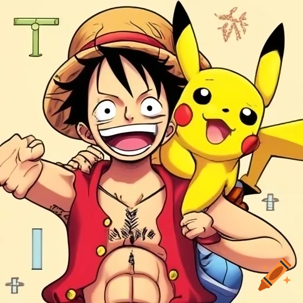 Gear 5 Luffy with Pikachu on Going Merry, featuring WOs letters on Craiyon