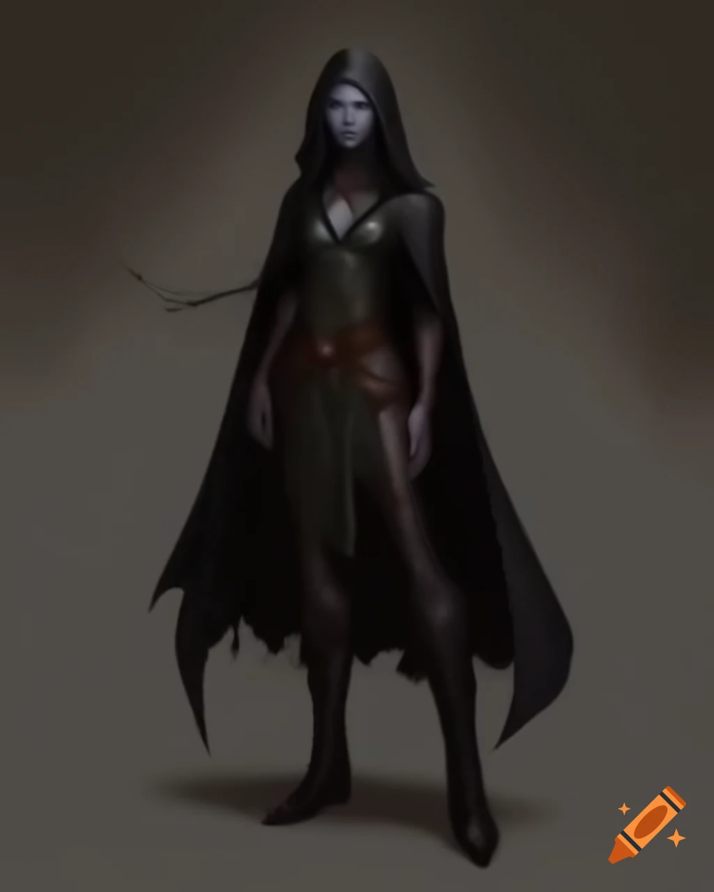 Female elf with dark grey skin and light grey hair, wearing a black ...