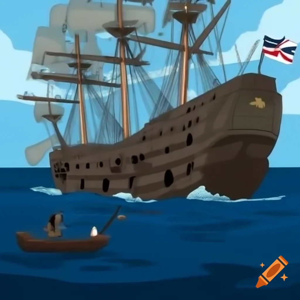 Wounded captain on deck of British naval ship with pirates and angry ...