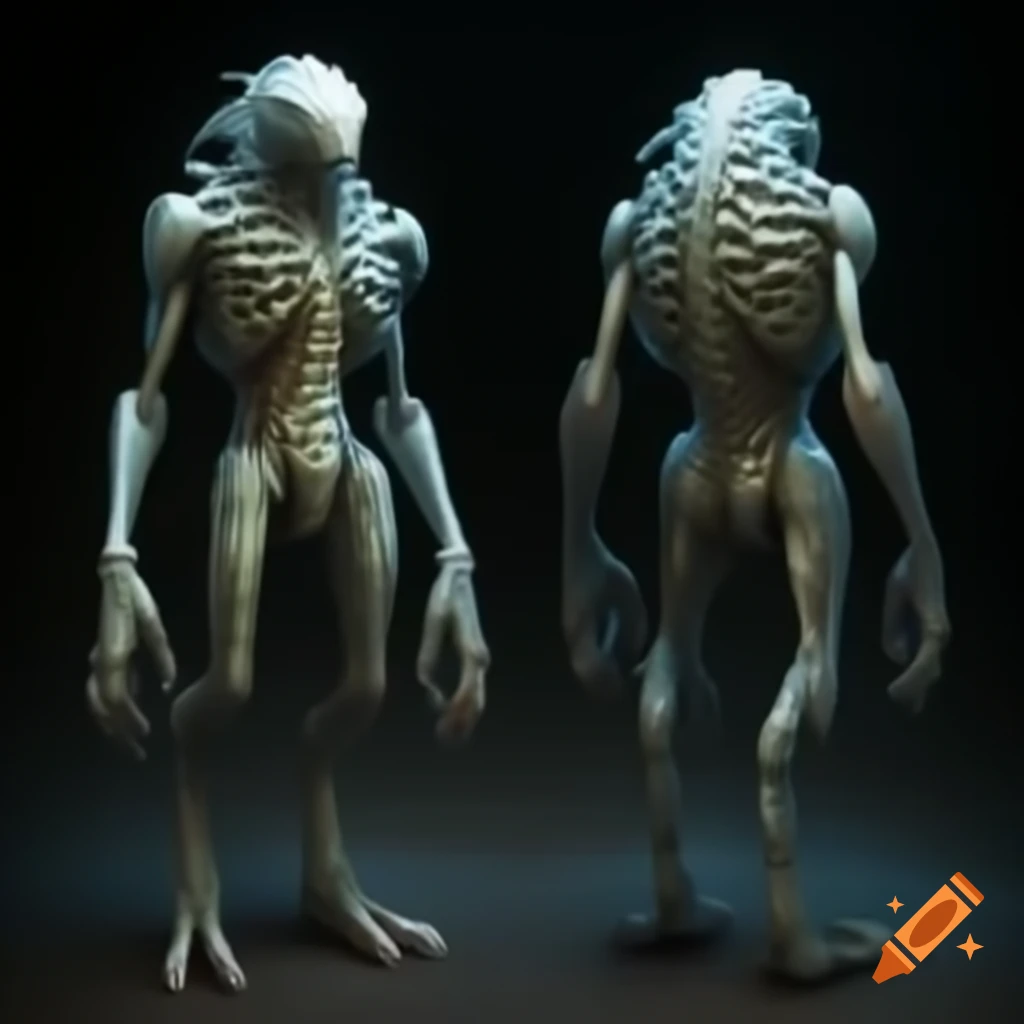 Biomechanical creatures with insectoid and reptilian features, standing ...