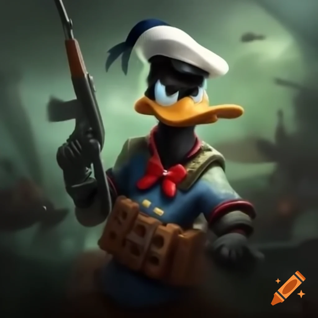 Donald Duck in soldier's uniform with M4 rifle, ready for action on Craiyon