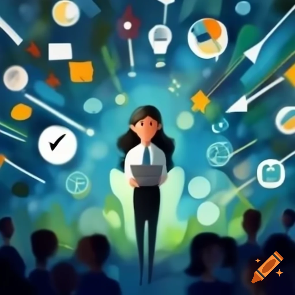 Abstract painting of customer service representative with symbols of ...