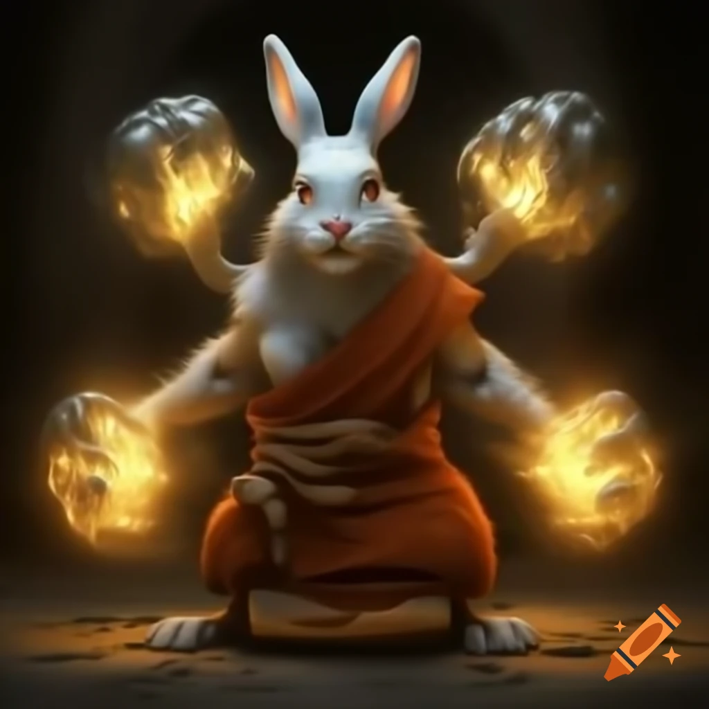 Muscular rabbit monk displaying divine power with glowing arms on Craiyon