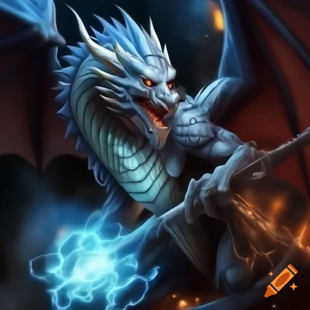 Majestic grey dragon commanding silver staff with blue energy on Craiyon