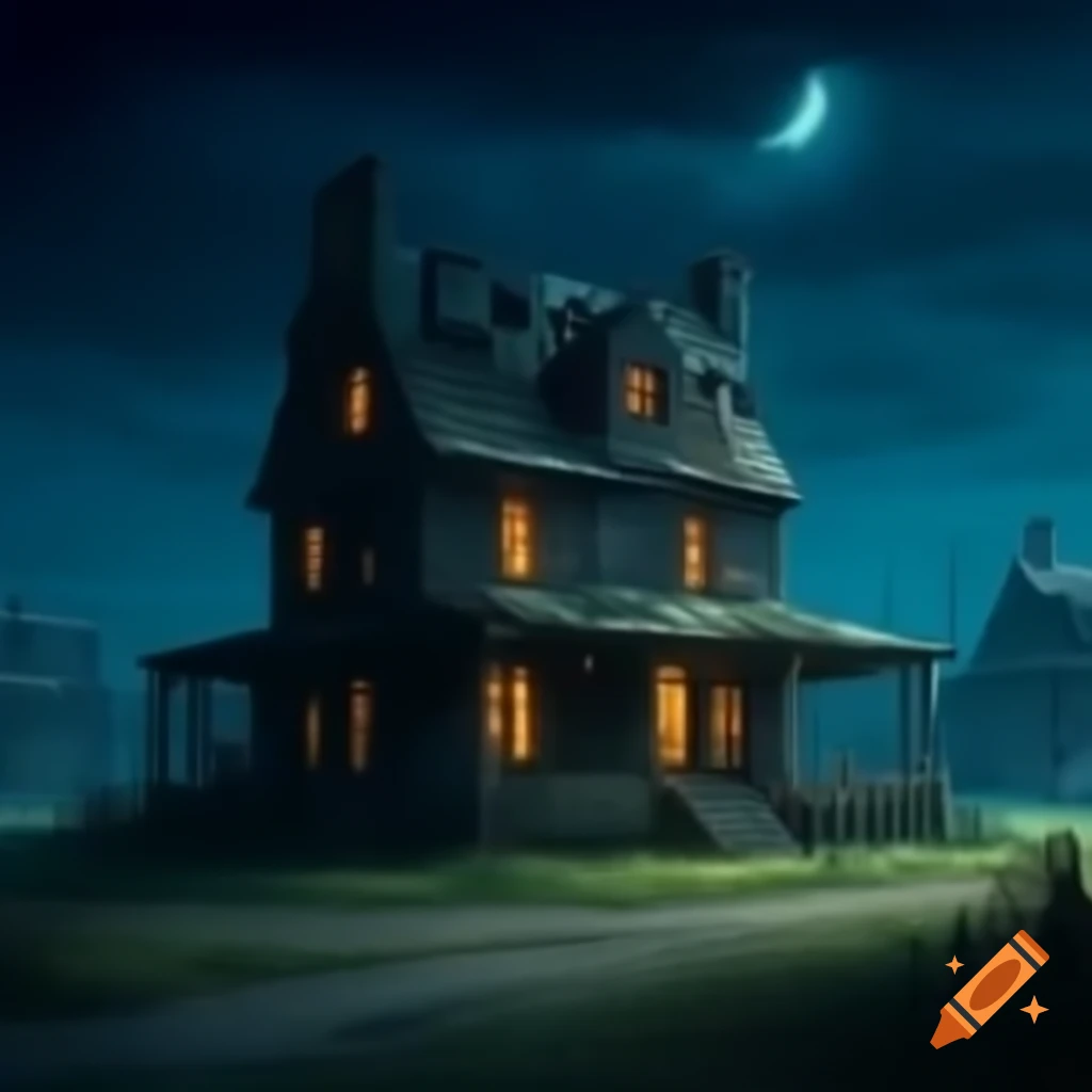 3d animation of old ruined house in deserted village with night ...