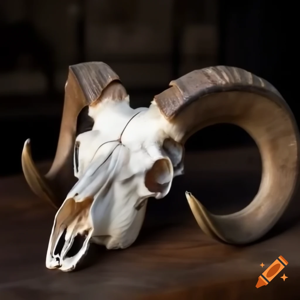 Side view of barbary sheep skull with broken antlers on Craiyon