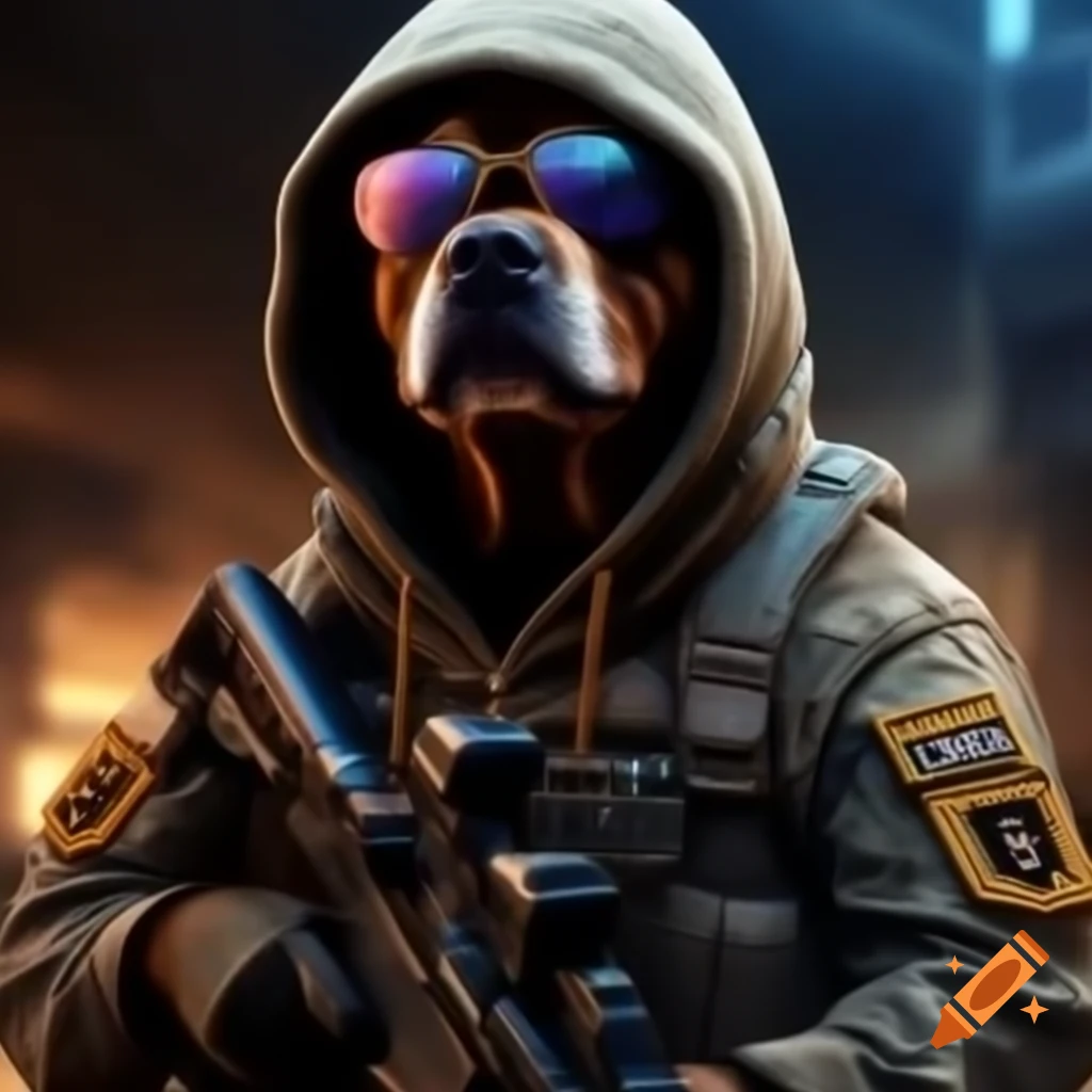 Dog army ranger in hoodie and shades, equipped for combat on Craiyon