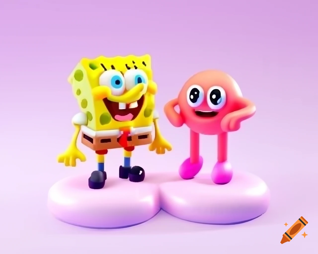 3D illustration in pastel colors featuring Spongebob and Pacman on Craiyon