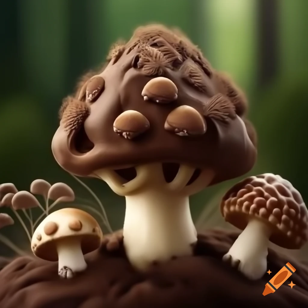 Chocolate-covered fennel surrounded by mixed mushrooms in a forest on ...