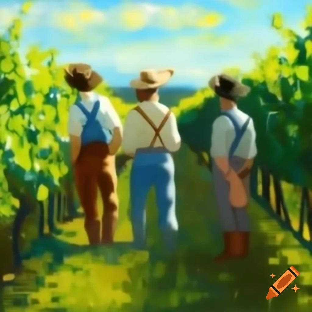 Monet-style painting of three men in a vineyard on Craiyon