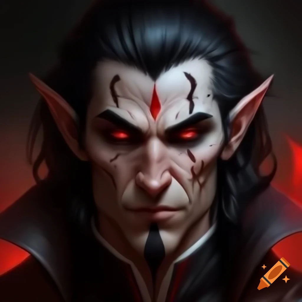 Fantasy portrait of male vampire sorcerer with black hair and red eyes ...