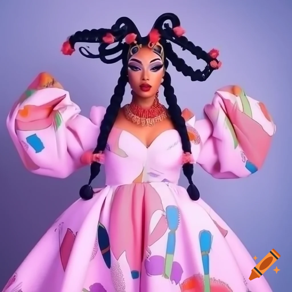 Vibrant pastel african-inspired gown with bold prints worn by drag ...