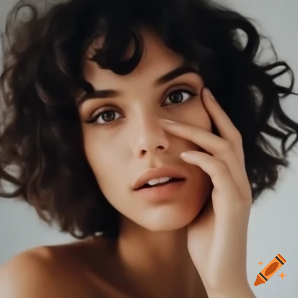 Brunette Finnish woman with short curly hair and big brown eyes on Craiyon