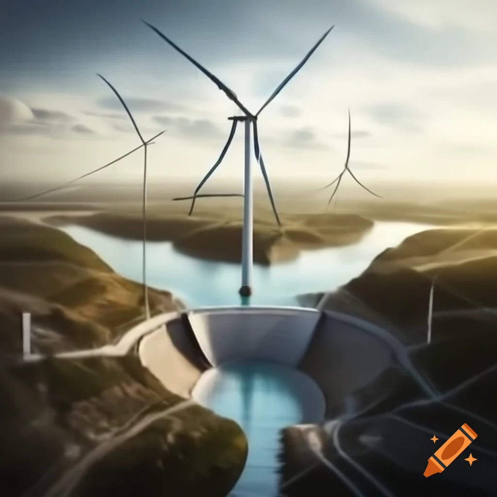 Renewable energy ecosystem with wind turbines, dam, solar panels, and ...