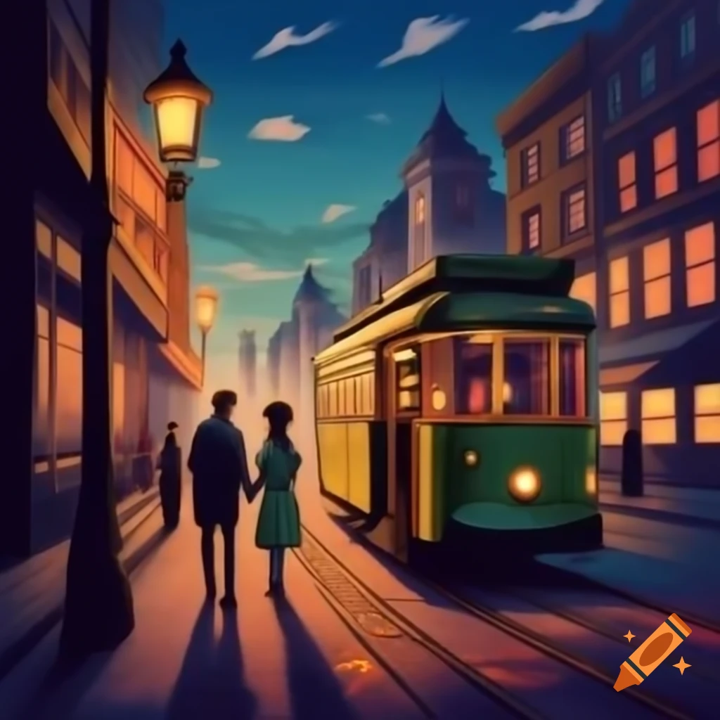 Vintage green tram with joyful couple illuminated by street lamps at ...
