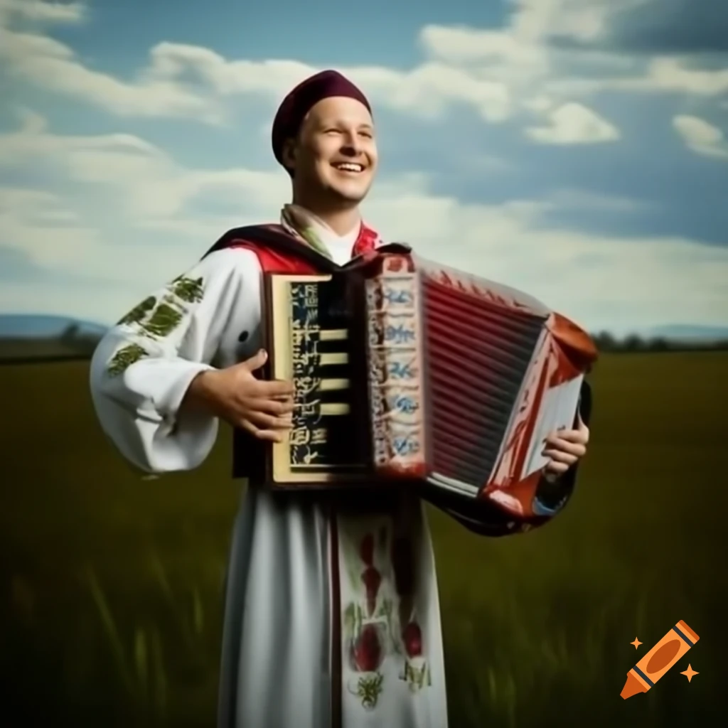 Slavic man in traditional slovak dress with accordion in front of wheat ...