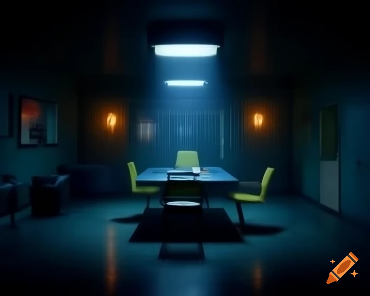 Dark interrogation room in corrupt police department with bright spotlight and night colors on ...