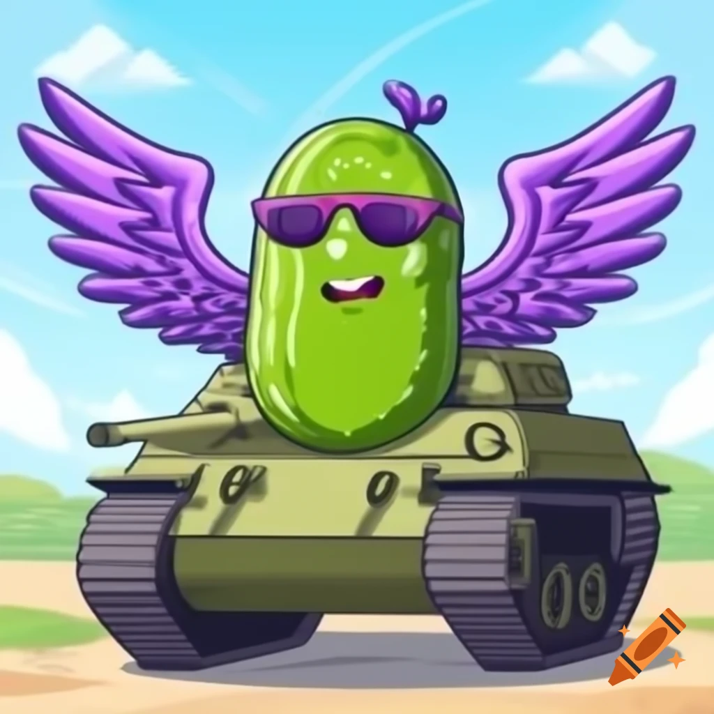Pickle with purple wings inside a tank, game avatar on Craiyon