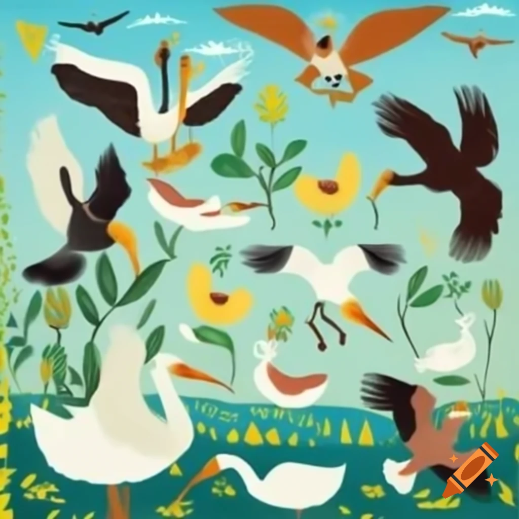 Vibrant tapestry of Stork, Nightingale, Swan, Eagle and Cuckoo with ...