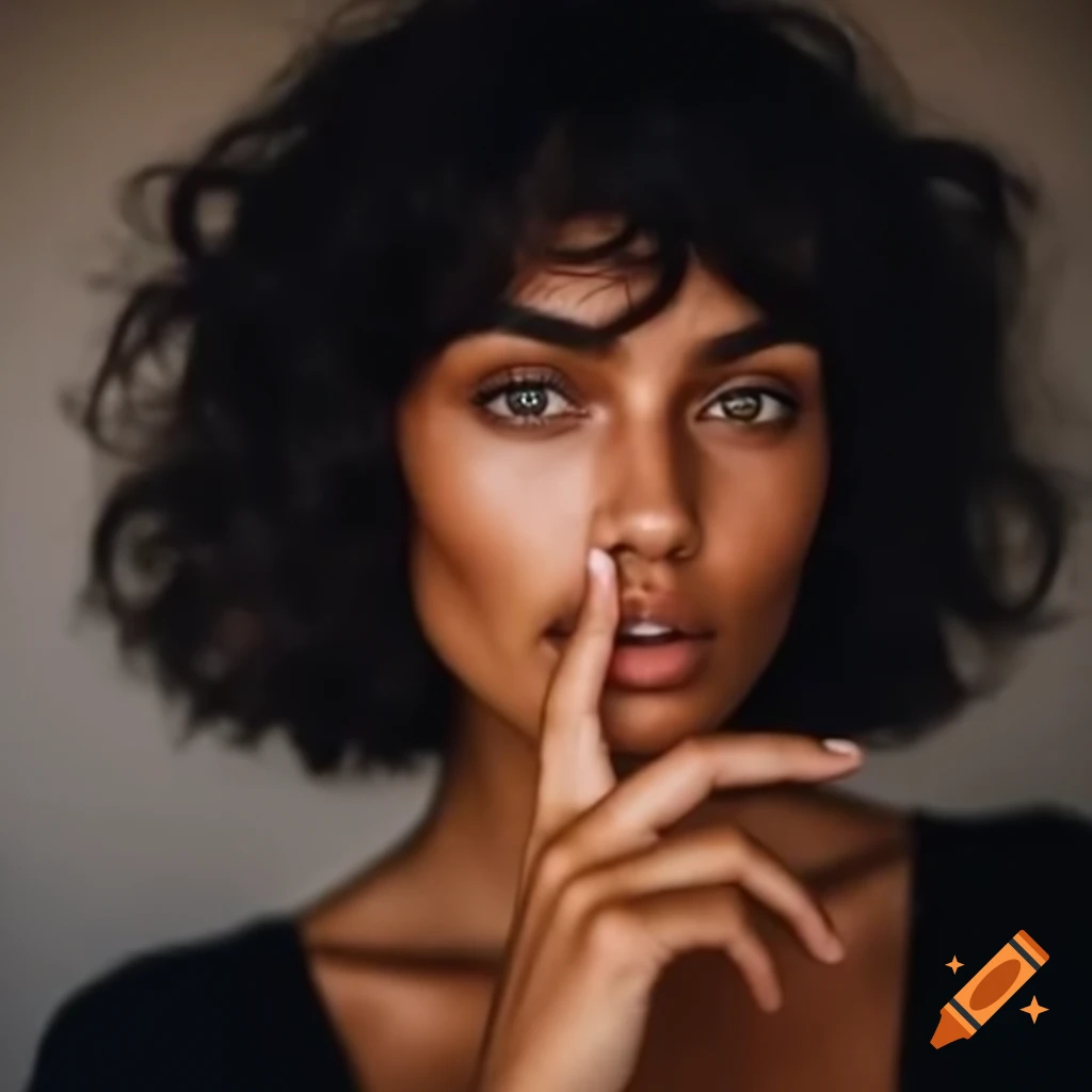 Brunette Finnish woman with short curly hair and big brown eyes on Craiyon